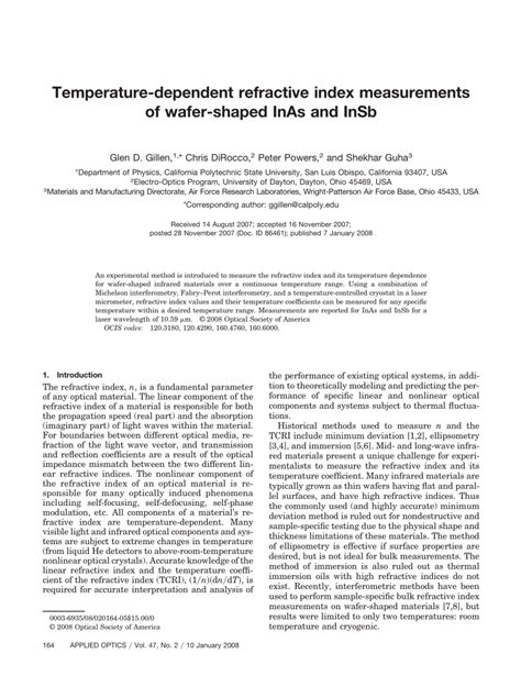 Pdf Temperature Dependent Refractive Index Measurements Of Wafer