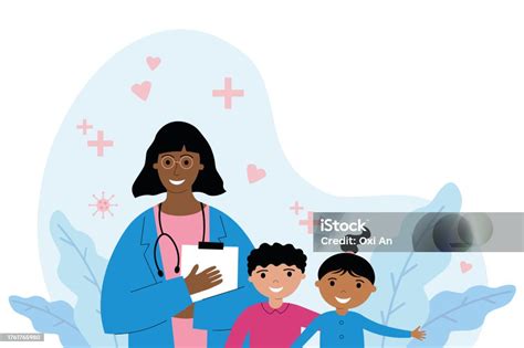 어린이 의사 메딕 손으로 그린 벡터 일러스트 아프리카 계 미국인 소아과 의사와 고립 된 흰색 배경에 아이들 건강 관리 의학 건강