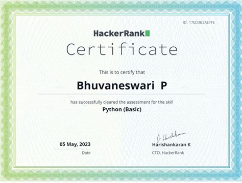 Certified For Python Assessment By Hackerrank Bhuvaneswari Poovalingam