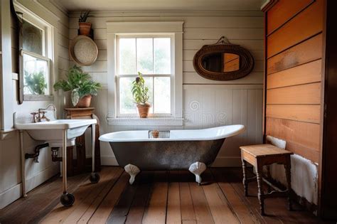 Bathroom With Vintage Sink And Clawfoot Tub In Rustic Farmhouse Stock