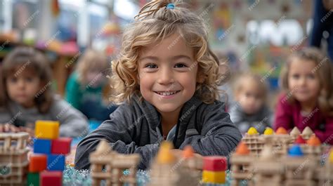 Kindergartener Practicing Teamwork Building A Project With Classmates