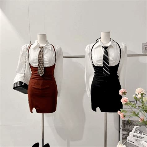 3pc [셔츠 원피스 타이set 페미닌 ] 겨울 하이틴 스쿨룩 넥타이 셔츠카라 크롭셔츠 크롭블라우스 멜빵원피스 뷔스티에