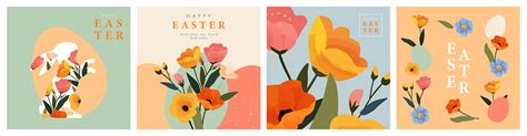 행복한 부활절 인사말 카드 포스터 휴일 표지 세트 타이포그래피 봄 손으로 그린 꽃 점 달걀 파스텔 색상의 토끼가 있는 트렌디한 디자인 현대 미술 미니멀리스트 스타일 부활제에
