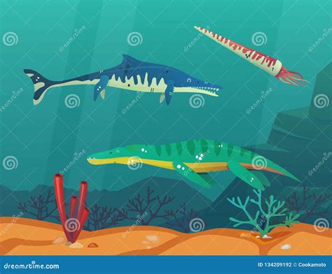 Ocean Or Sea With Underwater Dinosaurs Or Dino Stock Vector Illustration Of Coral Marine