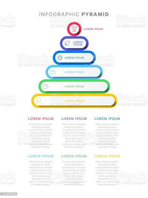 6 개의 레벨 그림자가있는 3d 요소 한 줄 아이콘 및 텍스트 블록이있는 다채로운 인포 그래픽 피라미드 비즈니스 프로세스 다이어그램 현대 벡터 정보 그래픽 레이아웃 디자인