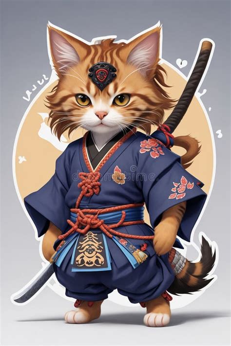 Kung Fu Master Cat In Kimono With A Katana Stock Illustration