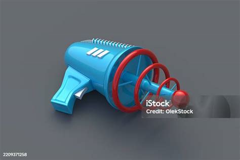 회색 배경에 블래스터 미래형 레이저 무기 외계인 총 어린이를 위한 장난감 3d 렌더링 3차원 형태에 대한 스톡 사진 및 기타