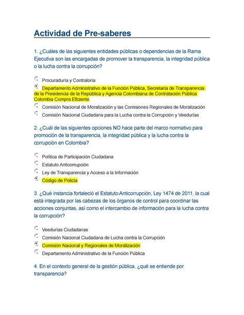 Preguntas Curso Integridad Transparencia Y Lucha Contra La Corrupción