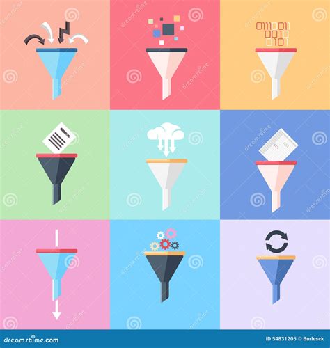 Flat Data Filter Or Tunnel Icons Set Stock Vector Illustration Of