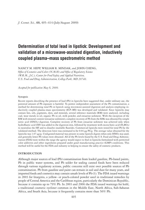 Pdf Determination Of Total Lead In Lipstick Development And Validation Of A Microwave