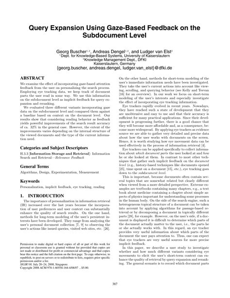Pdf Query Expansion Using Gaze Based Feedback On The Subdocument Level