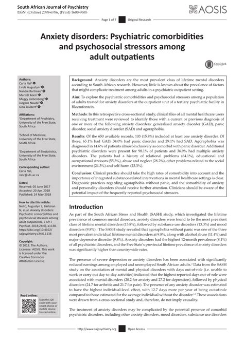 Pdf Anxiety Disorders Psychiatric Comorbidities And Psychosocial