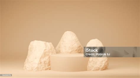 원 포디움 브라운 파스텔 색상과 바위 3d 렌더링 그림입니다 제품 브랜딩 배너 및 화장품 제품을 위한 모의 쇼케이스 제품 프리젠