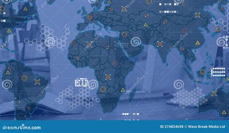Animation Of World Map With Network Of Connections Over Office Desk