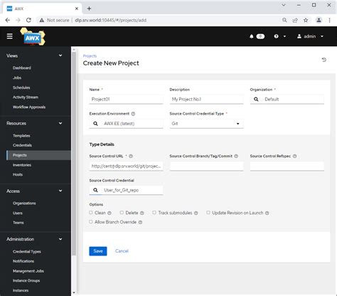 CentOS Stream 8 Ansible AWX Add Projects Server World