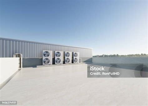 산업 플랜트 공장의 옥상에 있는 응축기 장치 또는 압축기의 3d 렌더링 Ac 또는 에어컨 Hvac 또는 난방 환기 및 에어컨 시스템 장치 모터 펌프 및 팬 내부 공장 산업