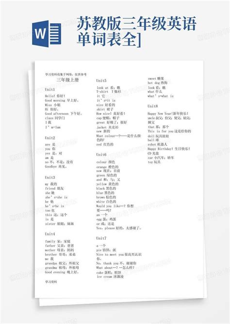 苏教版三年级英语单词表全 Word模板下载编号lxmjrknk熊猫办公