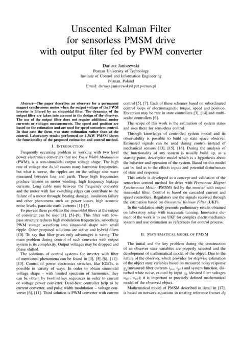 Pdf Unscented Kalman Filter For Sensorless Pmsm Drive With Output