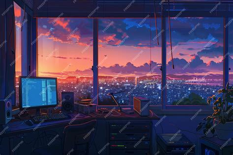Lofi Coding Retreat Coder Embraces Retro Anime Vibes In Serenely Lit Workspace Premium Ai