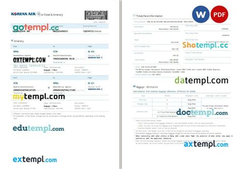 Korean Air Airplane E Ticket Word And Pdf Download Template 8 Pages