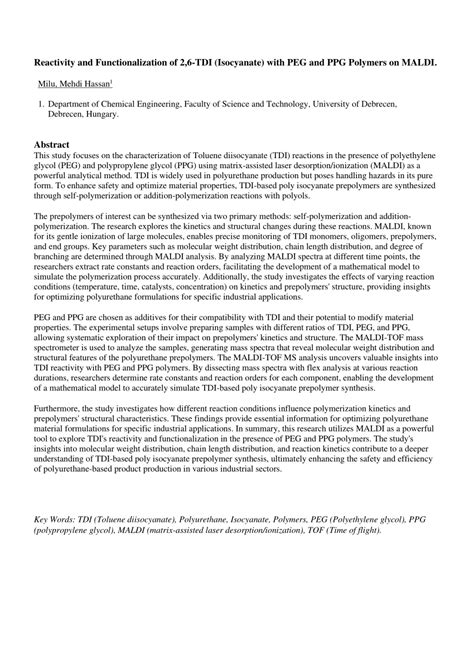 Pdf Reactivity And Functionalization Of 2 6 Tdi Isocyanate With Peg