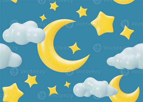 Sin Costura Modelo Con Amarillo 3d Estrellas Lunas Nubes En Azul