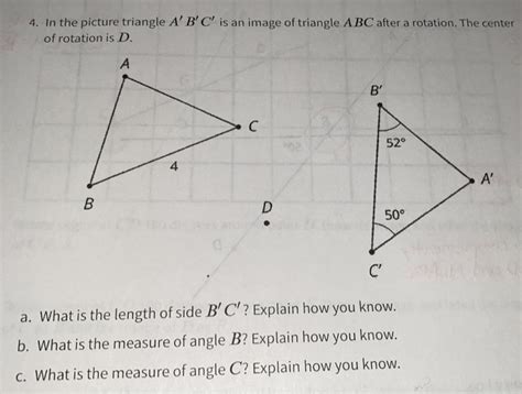 In The Picture Triangle ABC Is An Image Of Triangle ABC After A Rotation The Center Of