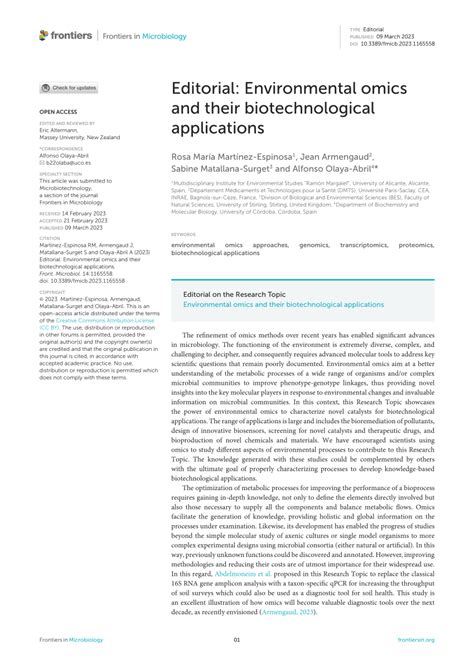 Pdf Editorial Environmental Omics And Their Biotechnological