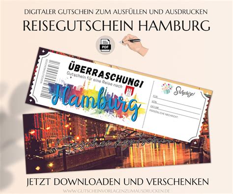 Reisegutschein Hamburg Gutschein Vorlage Zum Ausdrucken Etsy