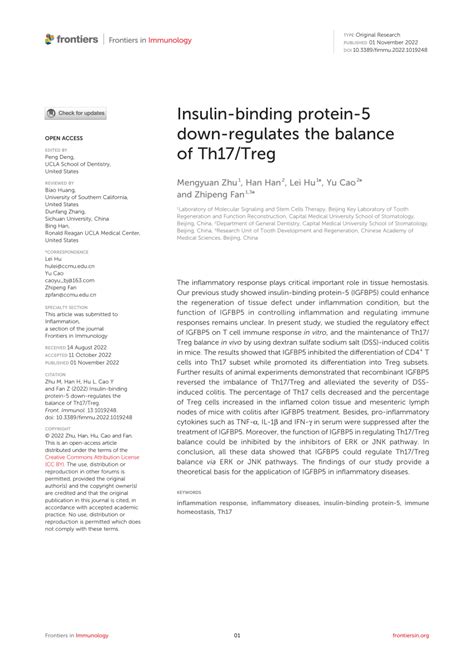 Pdf Insulin Binding Protein 5 Down Regulates The Balance Of Th17treg