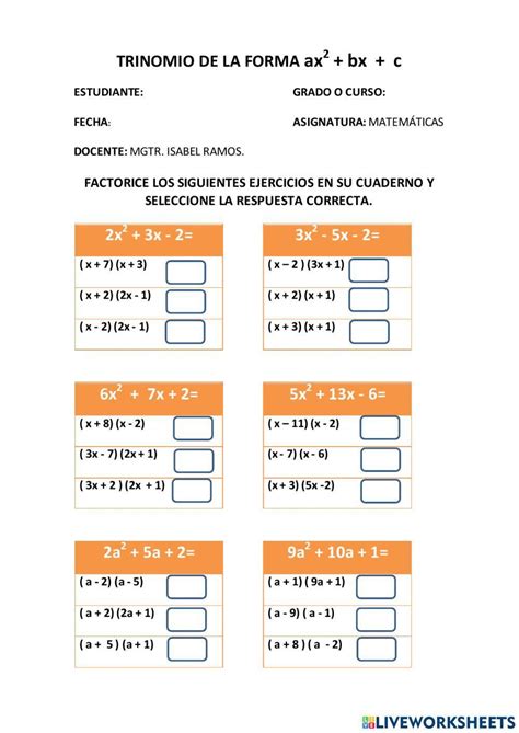 Hoja De Trabajo De Factorización De Trinomios Ax2 Bx C Con Respuestas