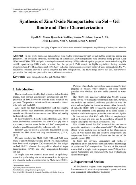 Pdf Synthesis Of Zinc Oxide Nanoparticles Via Sol Gel Route And Their Characterization