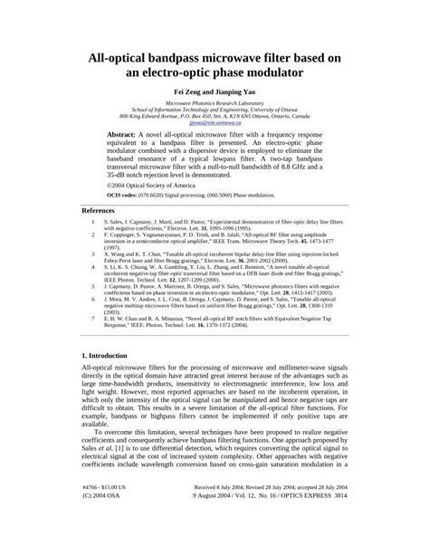 Pdf All Optical Bandpass Microwave Filter Based On An Electro Optic