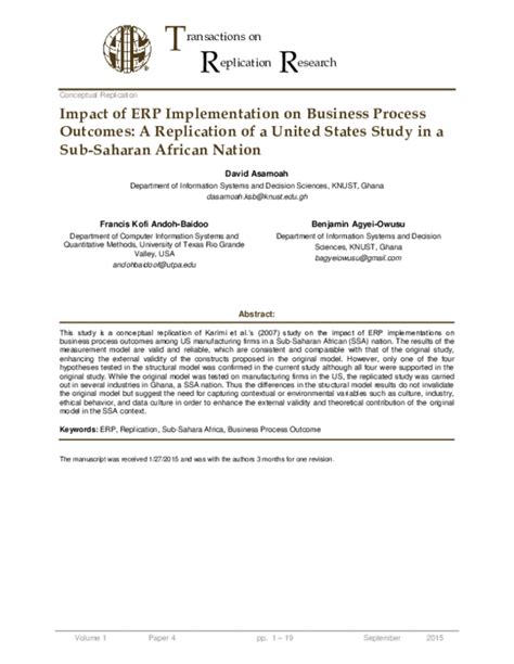 Pdf Impact Of Erp Implementation On Business Process Outcomes A Replication Of A United