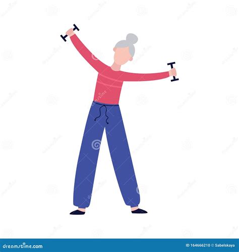 Senior Woman Lifting Dumbbells Old Cartoon Character With Healthy