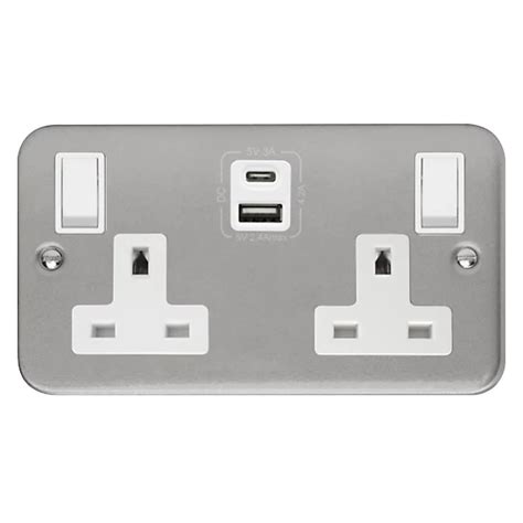 Click Scolmore Metal Clad Switched Socket Dual Usb A Usb C 2 Gang 13a Cl786