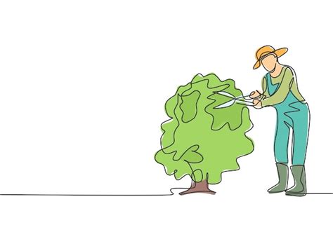 Dibujo De Una Sola Línea De Un Joven Agricultor Que Corta Las Hojas En