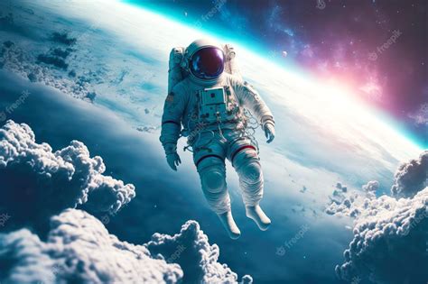 Volando En La Atmósfera Flotando Astronauta Sobre Las Nubes En El