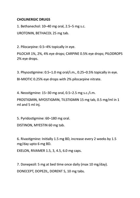 Cholinergic And Anticholinergic Drugs And Dose Cholinergic Drugs