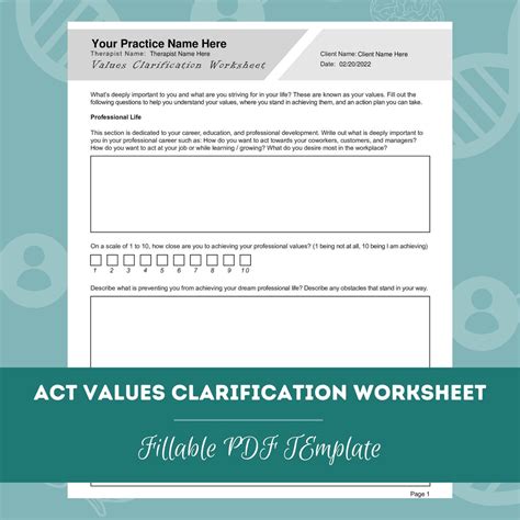 Act Values Clarification Worksheet Editable Fillable Pdf For