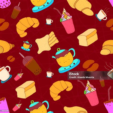 크로와상 및 커피 패턴 완벽 한 세트입니다 평면 화려한 디자인 빈티지 스타일 그리기 벡터 일러스트 레이 션 Eps10 0명에 대한 스톡 벡터 아트 및 기타 이미지 Istock
