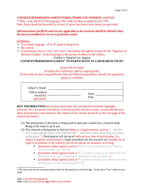 Consent Permission Assent Template Version 11 27 17 Doc Template