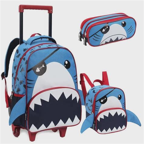Kit Mochila Rodinha Lancheira Estojo Tubarão Baby Denlex no Shoptime