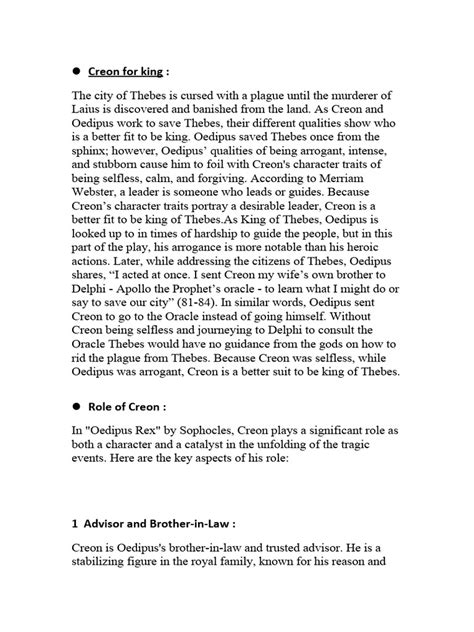 Creon For King Pdf Oedipus Theban Mythology