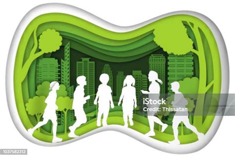 디자인 도시 도시와 사람들 산책 및 운동 건강 삶의 질 녹색 자연과 생태 아이디어 실행의 조각 종이 예술과 공예 스타일 개념을 잘라 벡터 일러스트 레이 션 개념에 대한 스톡