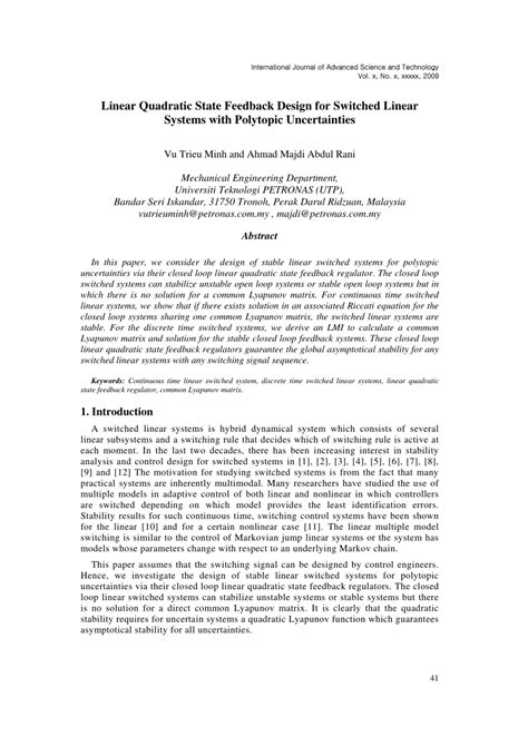 Pdf Linear Quadratic State Feedback Design For Switched Linear Systems With Polytopic Uncertaities
