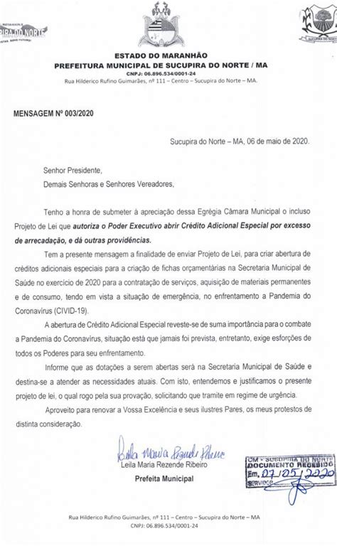 Prefeita de Sucupira do Norte envia projeto à Câmara Municipal pedindo