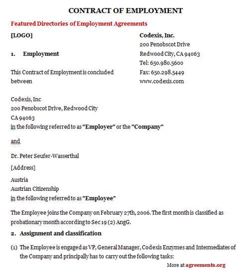 Employment Agreement Contract Template Free Printable Documents