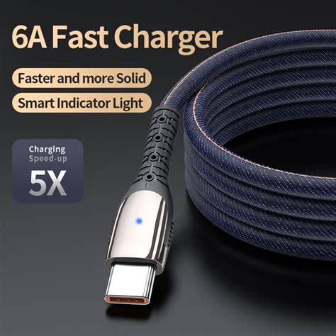 6A 100W Fast Charger Cable With LED Light Micro USB Type C Quick