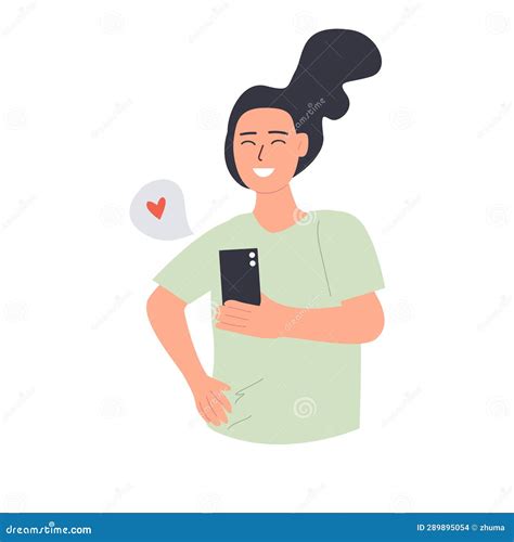 Cute Girl Holding Smart Phone Using Messengers Stock Illustration